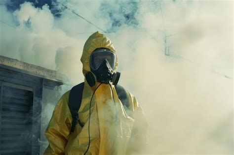 A Figure In A Yellow Hazmat Suit Amid A Cloud Of Smoke Standing In An