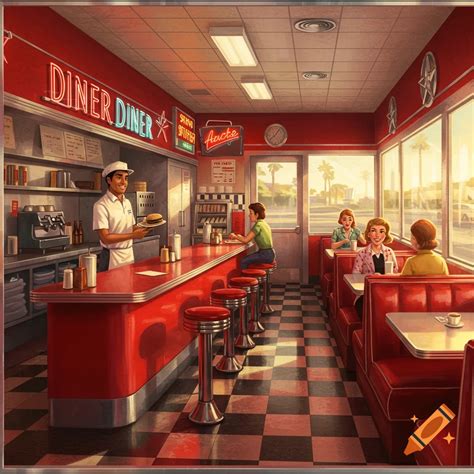 Vintage Illustration Of A Retro Diner Interior With Red Booths And A
