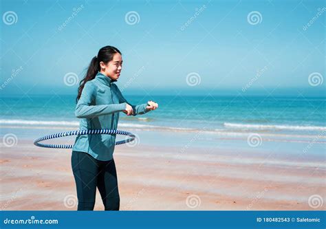 Happy Woman With Hula Hoop On The Beach Stock Image Image Of Hoop