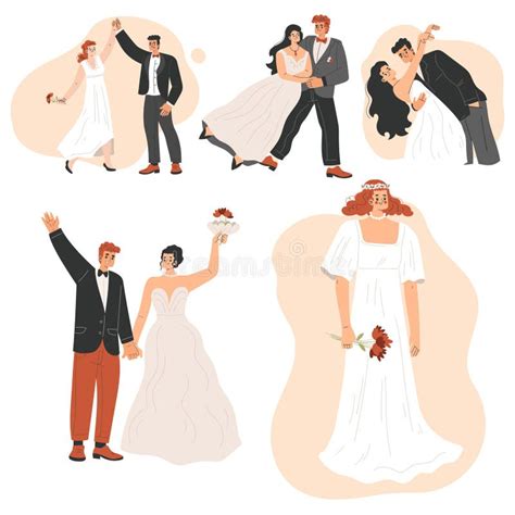 Marriage Couple With Man And Woman Bride And Groom Character Vector Set