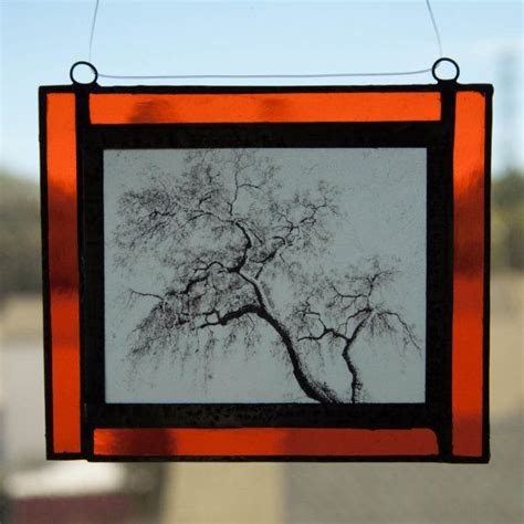 Colorful Stained Glass Panel With Black And White Tree