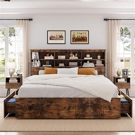 Garvee Full Bed Frame With Storage Headboard Wooden Bed Frame With 4