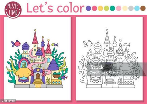 귀여운 바다 성을 가진 아이들을 위한 인어 색칠 공부 페이지 벡터 바다 왕국 개요 그림 벽지 색깔이 있는 예를 가진 아이들을 위한 색칠하기 책 수중 드로잉 기술 인쇄 가능한