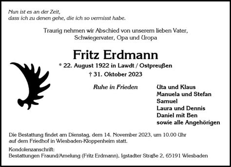 Traueranzeigen Von Fritz Erdmann Vrm Trauerde