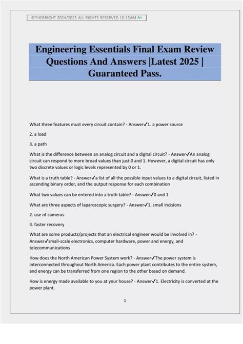 Engineering Essentials Final Exam Review Questions And Answers Latest