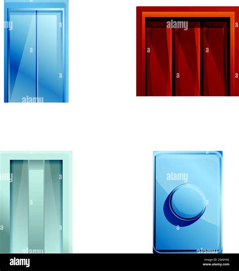 Various Elevator Icons Set Cartoon Vector Glass And Steel Elevator Passenger Lift Inside