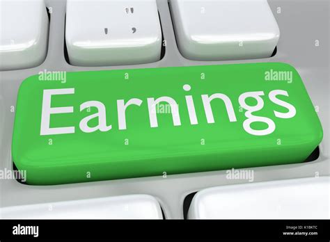 Render Illustration Of Computer Keyboard With The Print Earnings On A Green Button Stock Photo