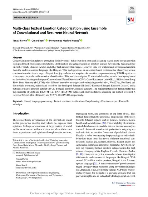 Multi Class Textual Emotion Categorization Using Ensemble Of Convolutional And Recurrent Neural