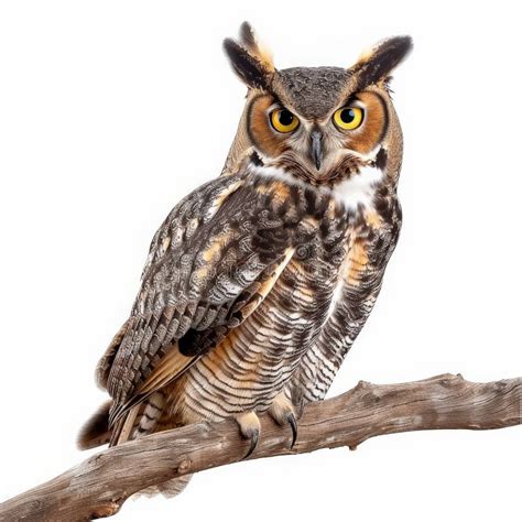 A Majestic Great Horned Owl With Its Piercing Yellow Eyes And Tufted