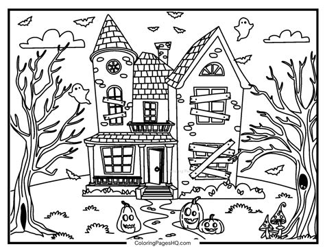 Haunted House Halloween Coloring Pages Printable Template Outline