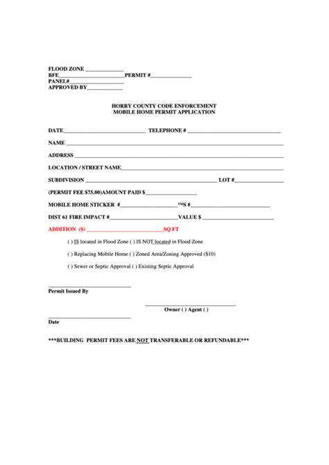 Horry County Code Enforcement Mobile Home Permit Application Form