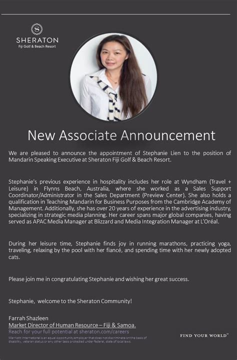 We Are Excited To Share That Stephanie Lien Joins The Sheraton Community As Mandarin Speaking