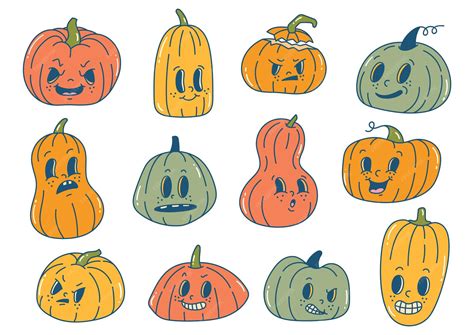 Premium Vector Set Of Cartoon Halloween Pumpkin Doodle In Various