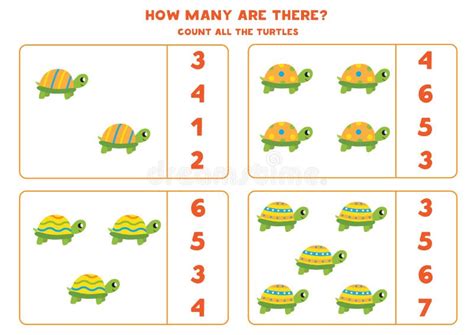 Counting Game With Cute Turtles Math Worksheet Stock Vector