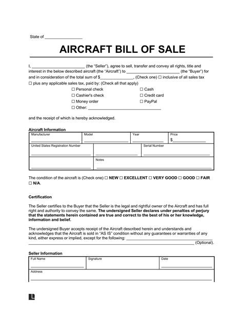 Free Aircraft Airplane Bill Of Sale Form Pdf And Word