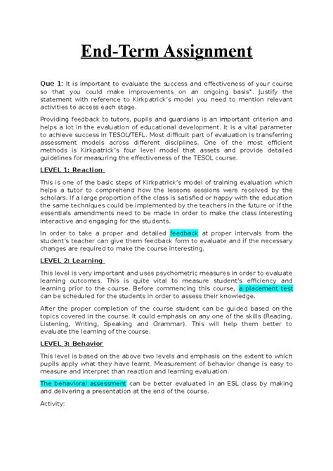 End Term Assignment End Term Assignment Que 1 It Is Important To Evaluate The Success And
