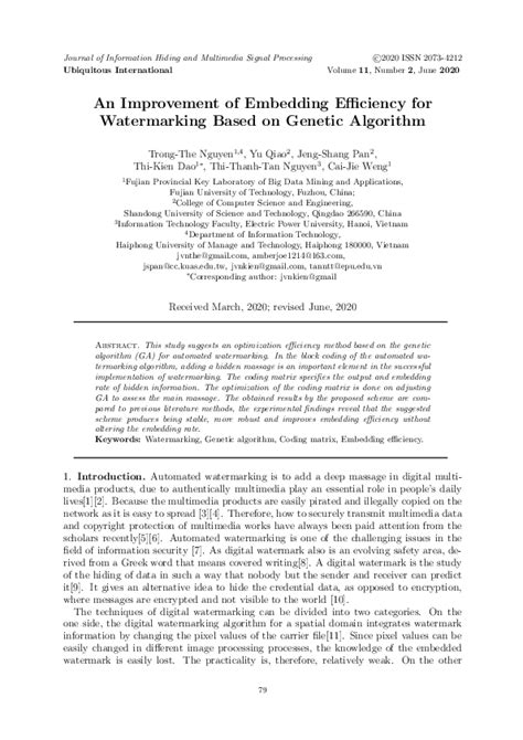 Pdf An Improvement Of Embedding Efficiency For Watermarking Based On Genetic Algorithm