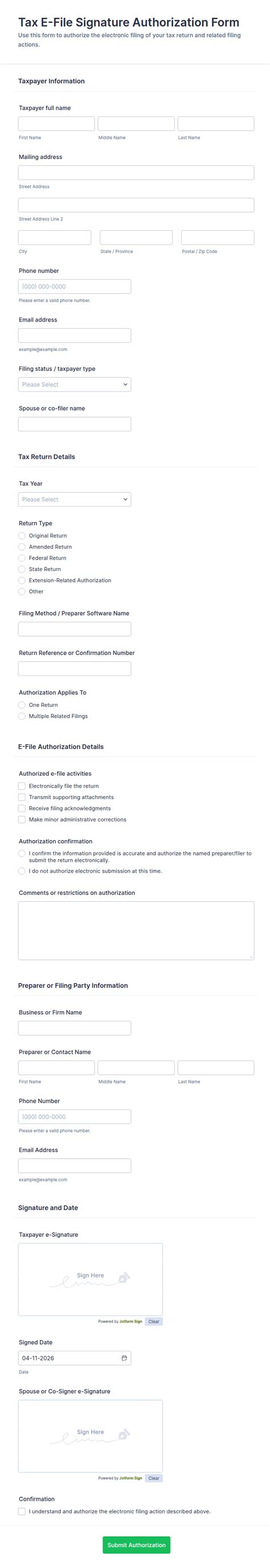Tax E File Signature Authorization Form Template Jotform