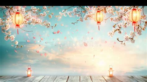 Serene Scene Of Cherry Blossoms In Full Bloom Against Sunset Sky Stock