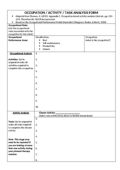 Occupation Activity Task Analysis Template Occupation Activity