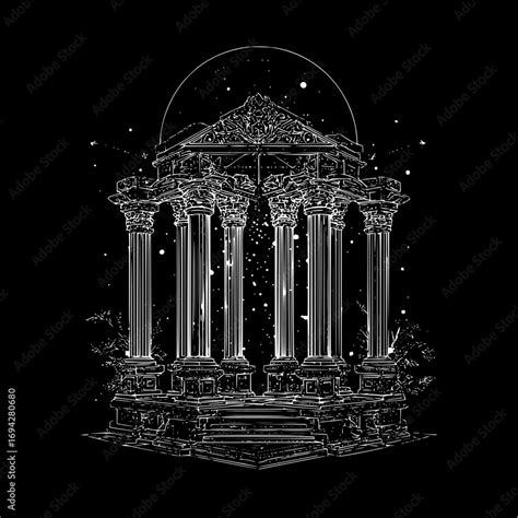 White Line Art Of A Classical Temple With Columns And Stairs On A Black