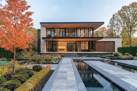 Modern Luxury Home Exterior With Reflecting Pools And Landscaping At Sunset Stock Illustration