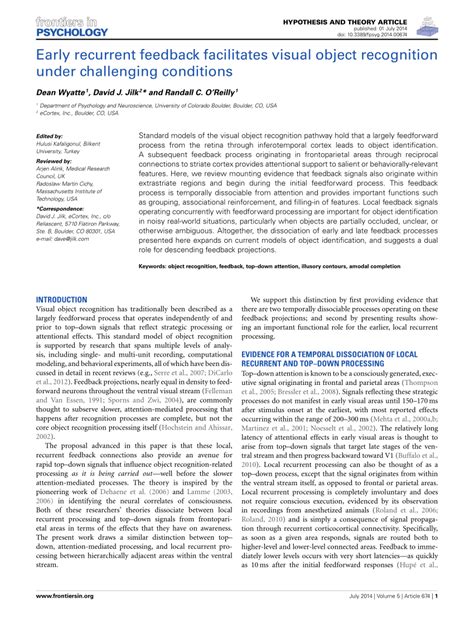 Pdf Early Recurrent Feedback Facilitates Visual Object Recognition Under Challenging Conditions