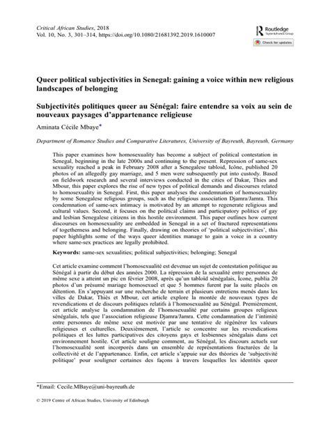 Week 3 Text 2 Mbaye Queer Political Subjectivities In Senegal