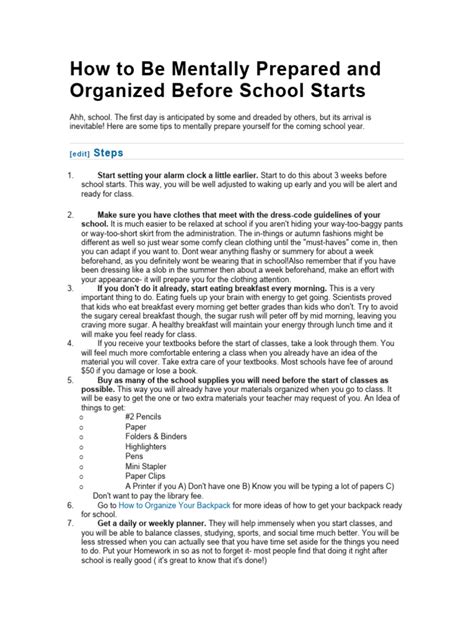 How To Be Mentally Prepared And Organized Before School Starts Pdf