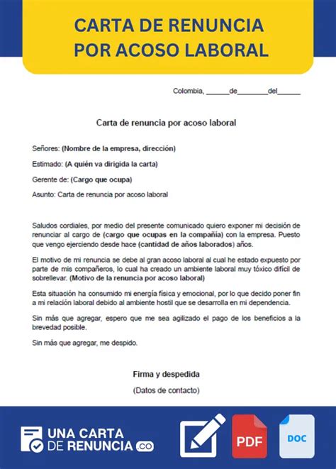 Carta De Renuncia Por Acoso Laboral Ejemplos ️