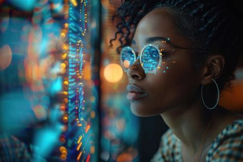 Woman Looking At Tech Screen Premium Ai Generated Image