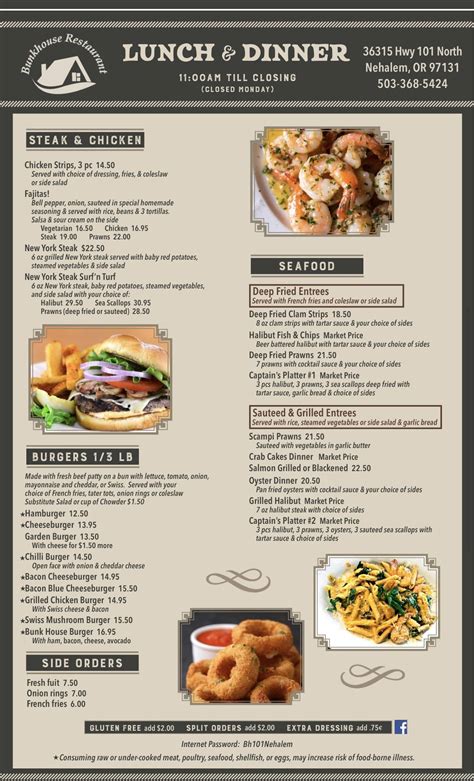 Carta De Bunkhouse Restaurant Nehalem