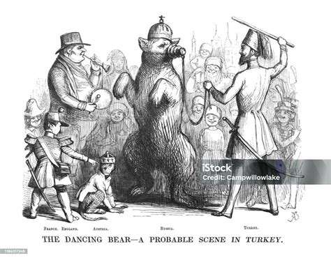영국 풍자 만화 만화 캐리커처 일러스트 춤추는 러시아 곰 터키의 가능성 있는 장면 러시아에 대한 스톡 벡터 아트 및 기타 이미지 러시아 사람들 입마개 Istock