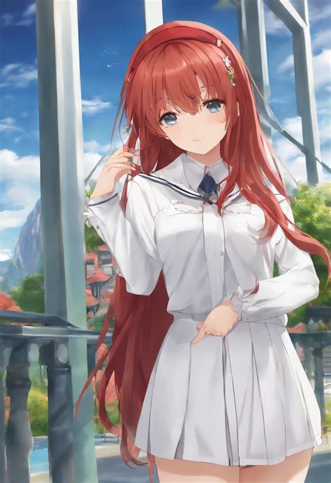 Anime Girl In White Dress With Long Red Hair Standing In Front Of A