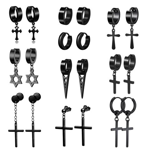 10 Pairs Black Dangle Earrings For Men Stylish Stainless Steel
