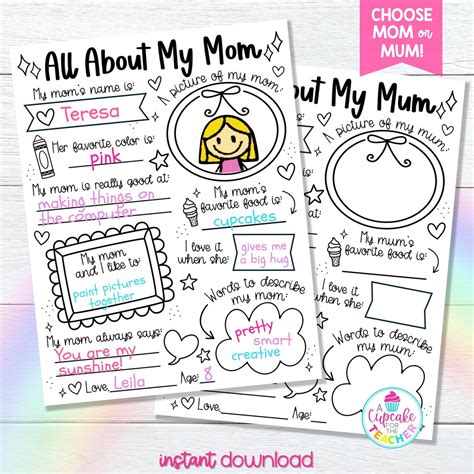 All About My Mom Mum Fill In The Blank All About Mom Printable