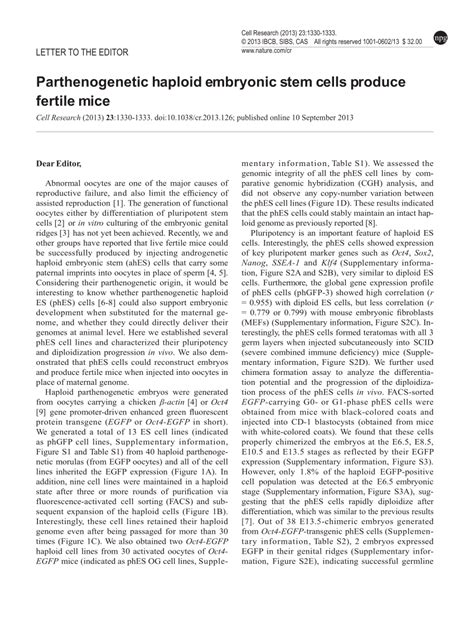 Pdf Parthenogenetic Haploid Embryonic Stem Cells Produce Fertile Mice