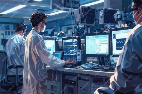 Doctors Analyzing Patient Data On Computers Realistic Hospital High
