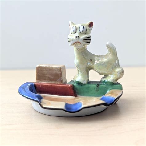 Vintage Cat Pin Dish Mid Century Ceramic Trinket Tray Whimsical Kitty