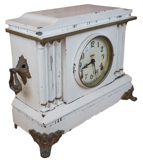 Antique E Ingraham 8 Day Bell Chime Mantle Clock White Victorian Brass