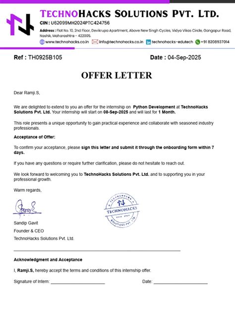 Internship Offer For Python Development Pdf