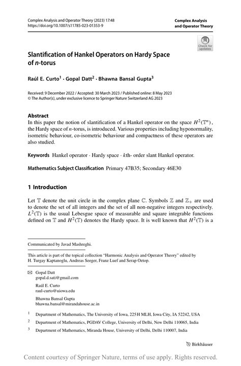 Slantification Of Hankel Operators On Hardy Space Of N Torus Request Pdf