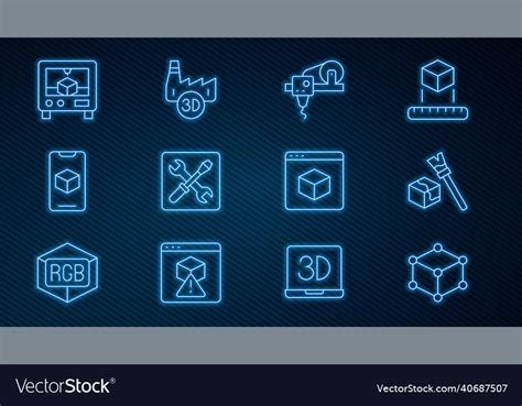 Set Line Isometric Cube 3d Printer Setting Vector Image