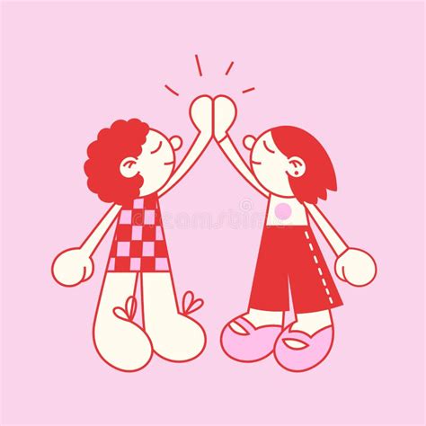 Cartoon Girls Give High Five Vector Illustration Red And Pink Stock