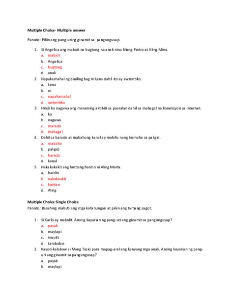 Doc Multiple Choice Multiple Answer Panuto Piliin Ang Pang Uring
