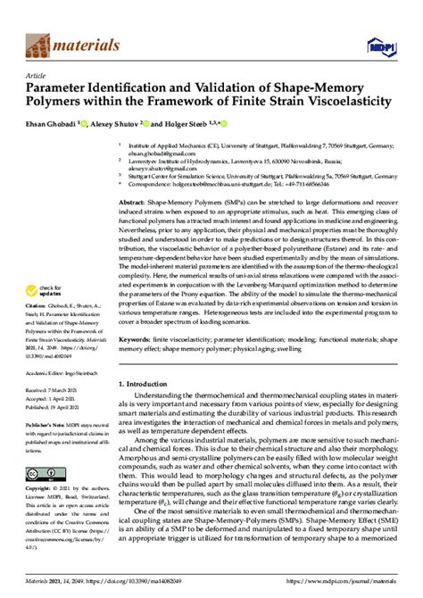 Pdf Parameter Identification And Validation Of Shape Memory Polymers Within The Framework Of