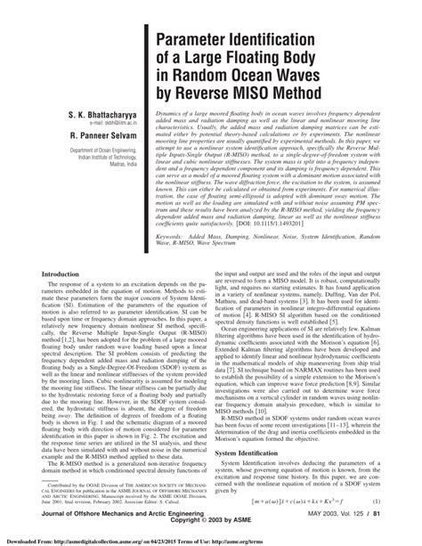 Pdf Parameter Identification Of A Large Floating Body In Random Ocean Waves By Reverse Miso Method
