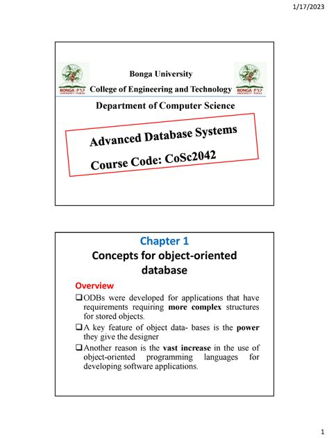 2 1 Advanced Database Systems 1 Bonga University College Of