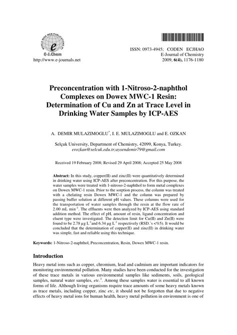 Pdf Preconcentration With 1 Nitroso 2 Naphthol Complexes On Dowex Mwc 1 Resin Determination