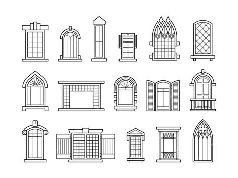 Ventanas Vintage De Línea Dibujo De Esquema Arquitectónico Decorativo